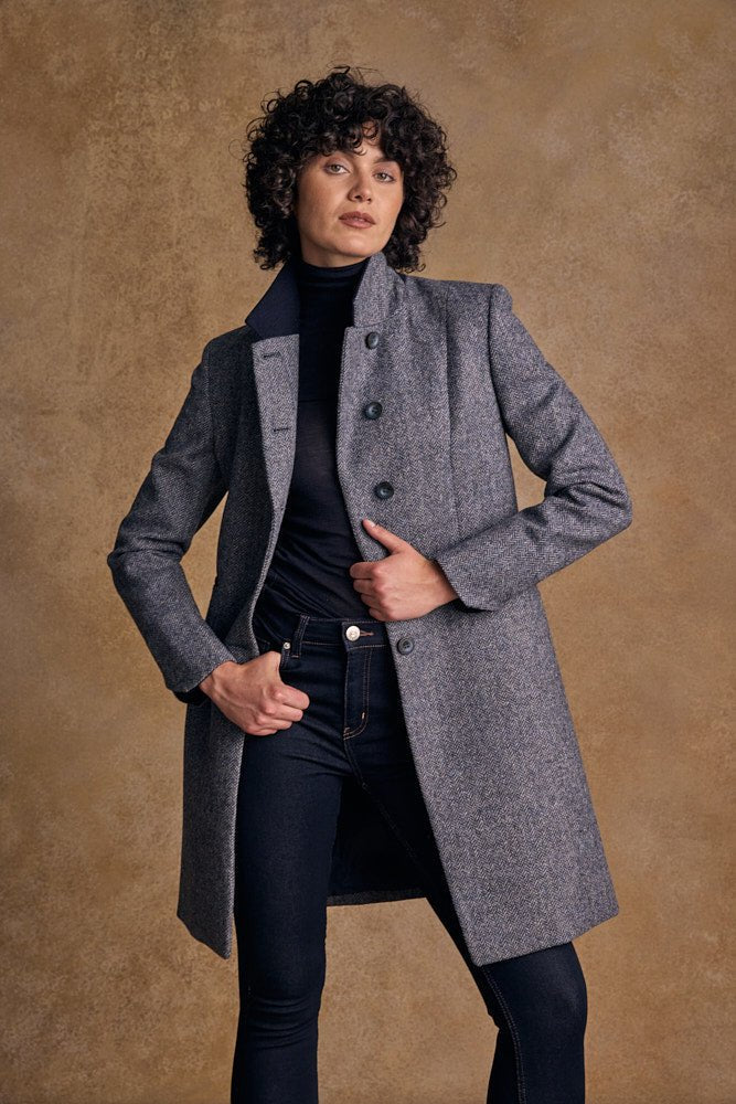 Isabella Tweed Coat - Denim Herringbone: Timeless Elegance | Yorkshire Wool