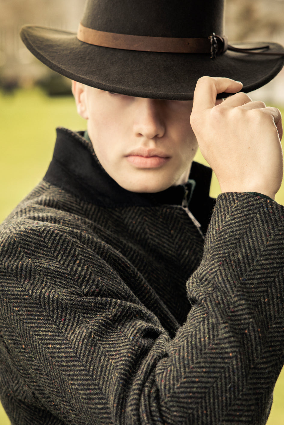 Sean Full-Length Tweed Coat - Olive Wide Herringbone