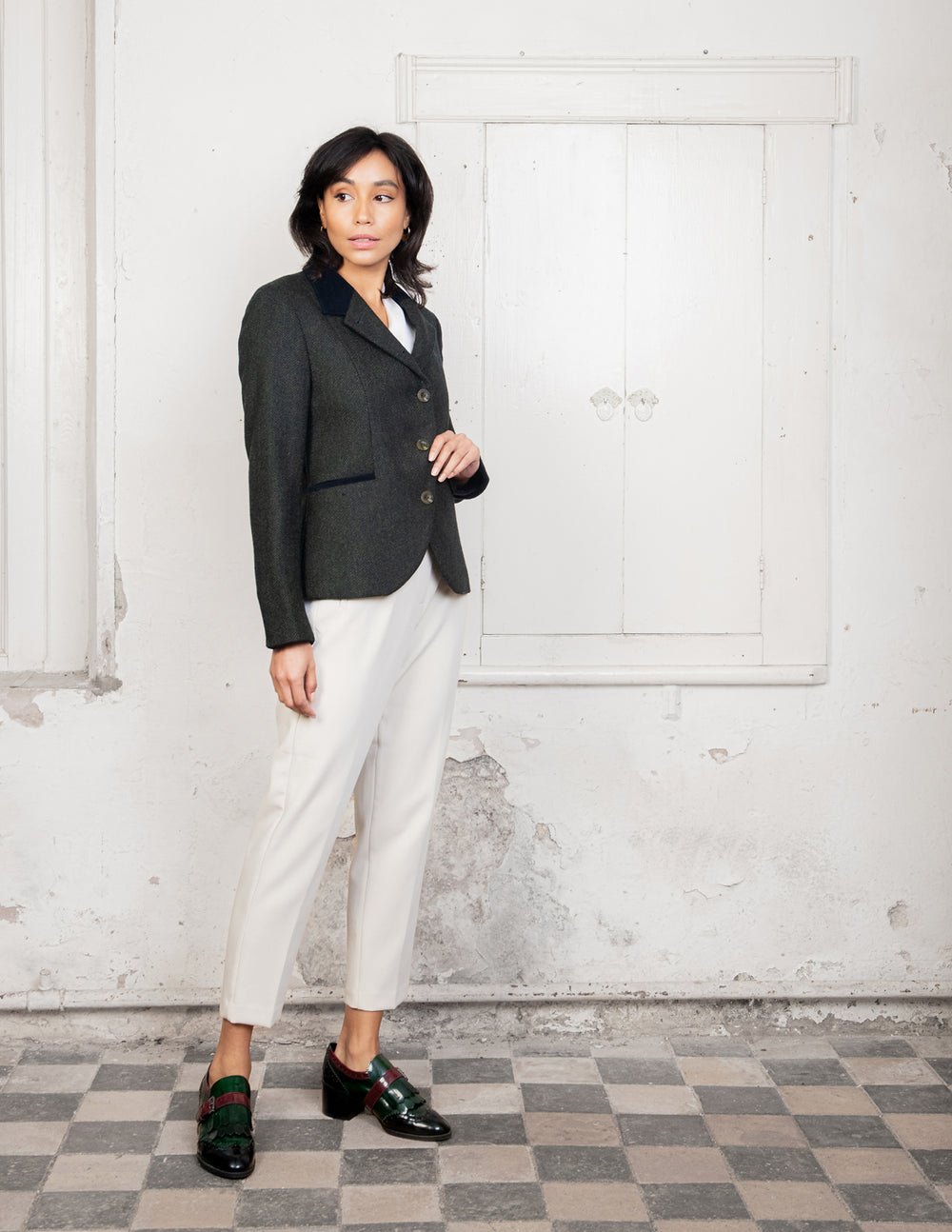 Sasha Tweed Jacket - Green Herringbone: Timeless Elegance